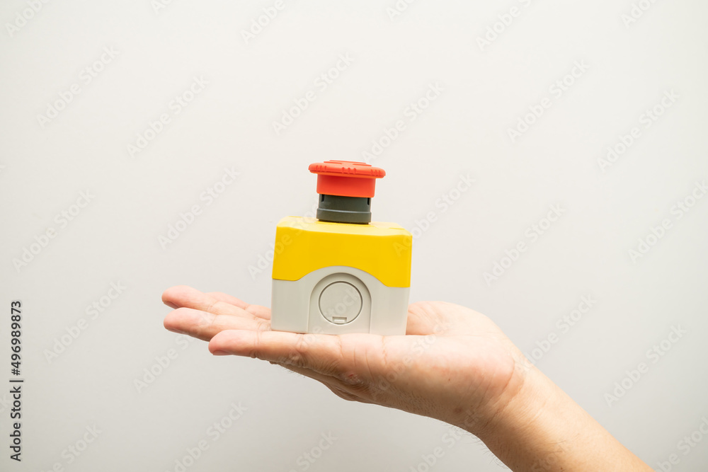 Stop Red Button and the Hand of Worker About to Press it. emergency ...