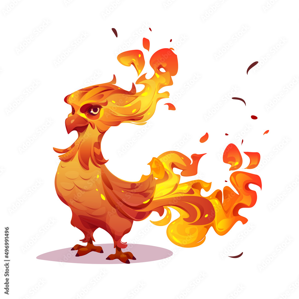 Beautiful phoenix, firebird character with orange burning feathers ...