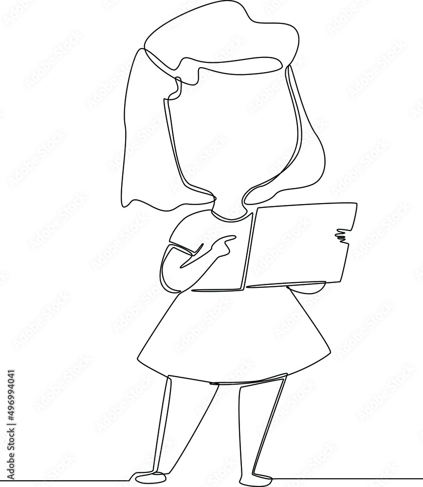 Simple continuous line drawing little Girl playing game on tablet ...