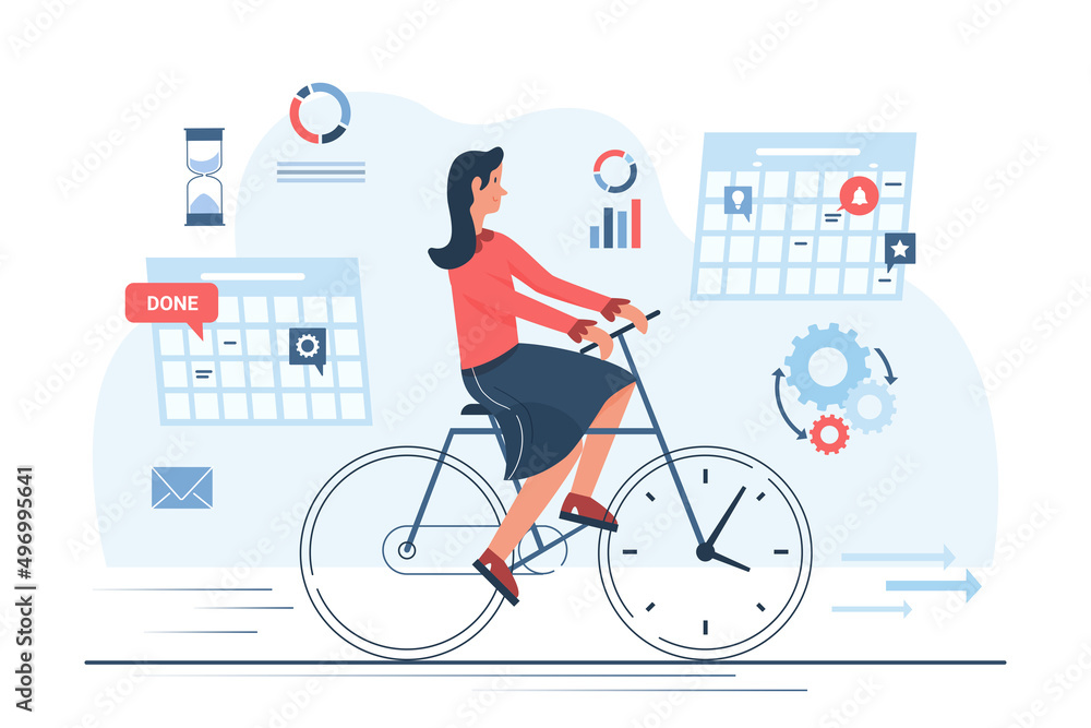 Employee riding bike with clock to control and organize work hours and ...