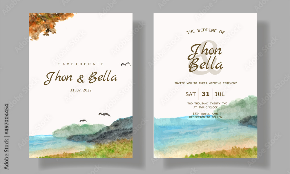 Watercolor Wedding Invitation Landscape beach Background Nature Stock ...