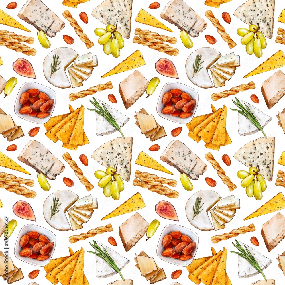Various types of cheese and snacks seamless pattern. Blue cheese ...