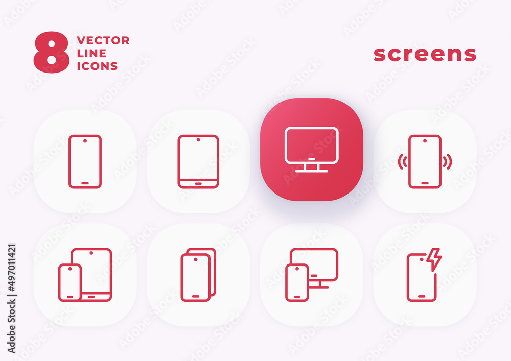 Vector line icon set "screens". Icons of different screens and devices ...
