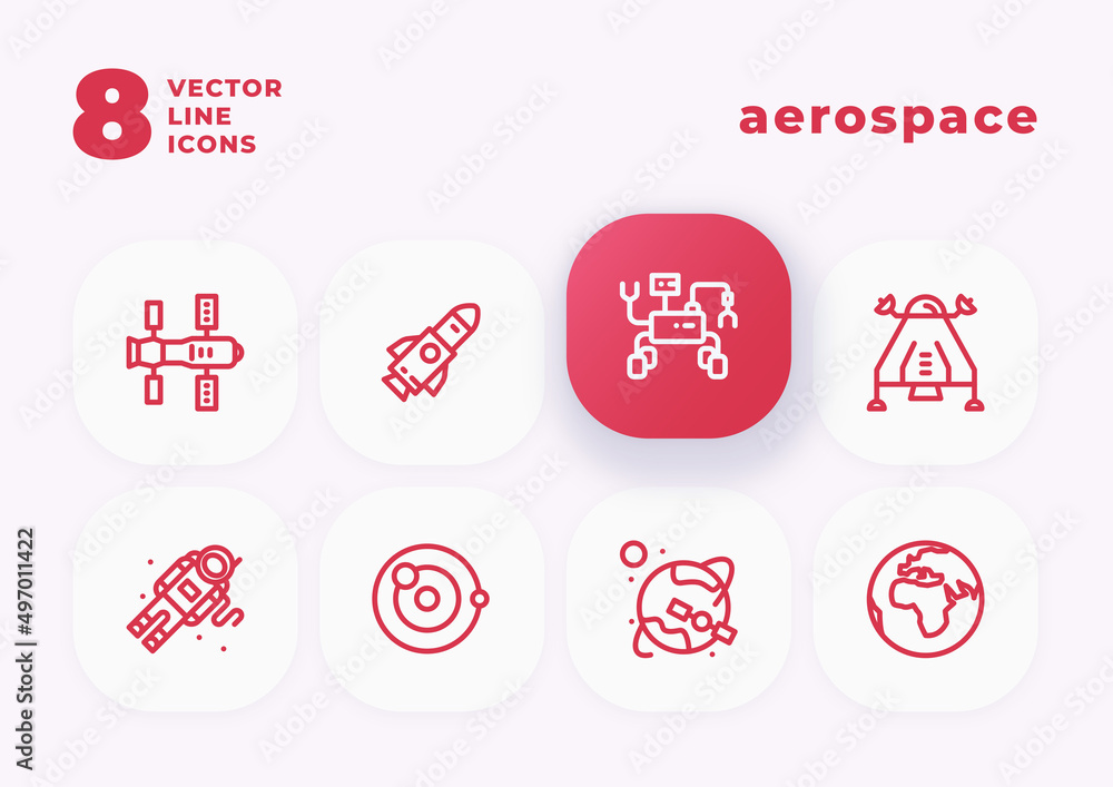 Vector line icon set "aerospace". Icons of aerospace, space travel ...