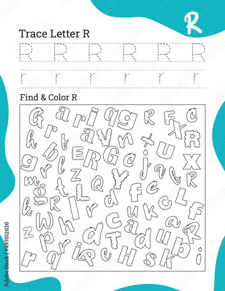 English alphabet letter R tracing line printable worksheet with cute ...