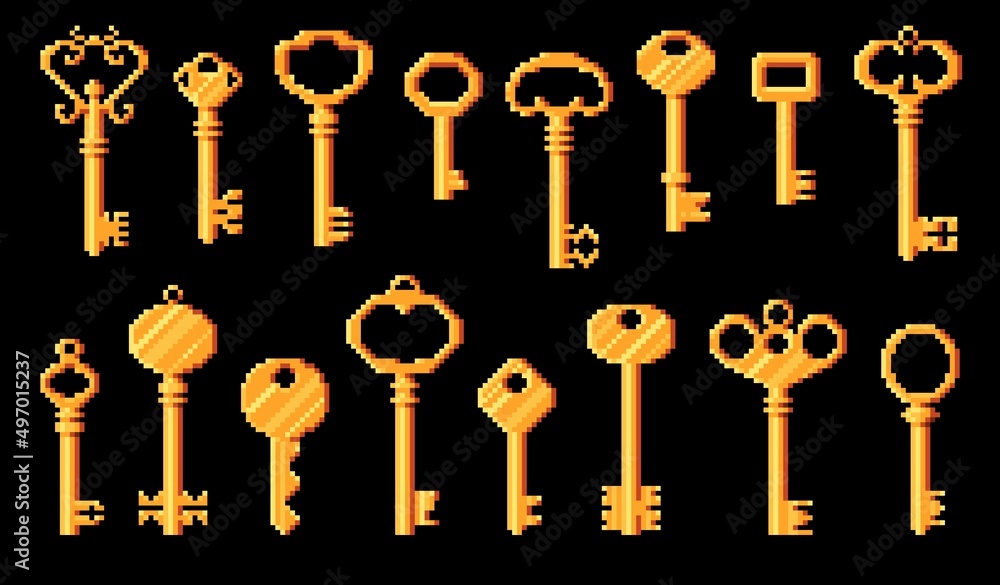 Vintage and modern keys in pixel art, 8bit game vector icons of door ...