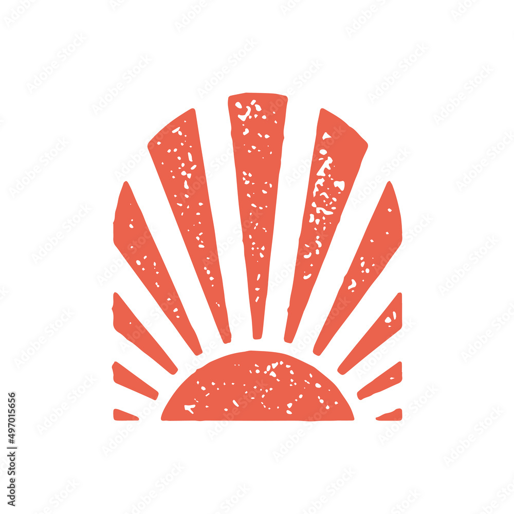 Hand drawn aesthetic bohemian red sun with shine rays curved decorative ...