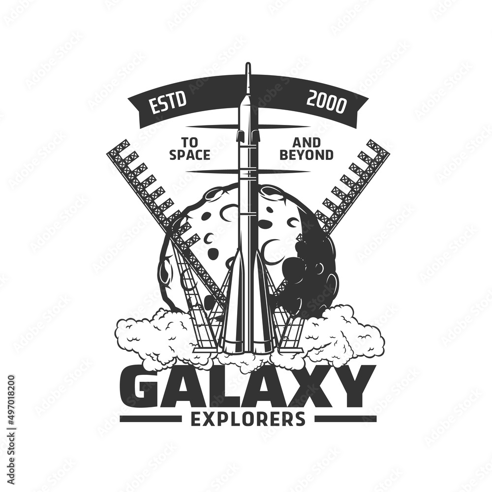 Spaceship on start icon of rocket launch, vector space and galaxy ...
