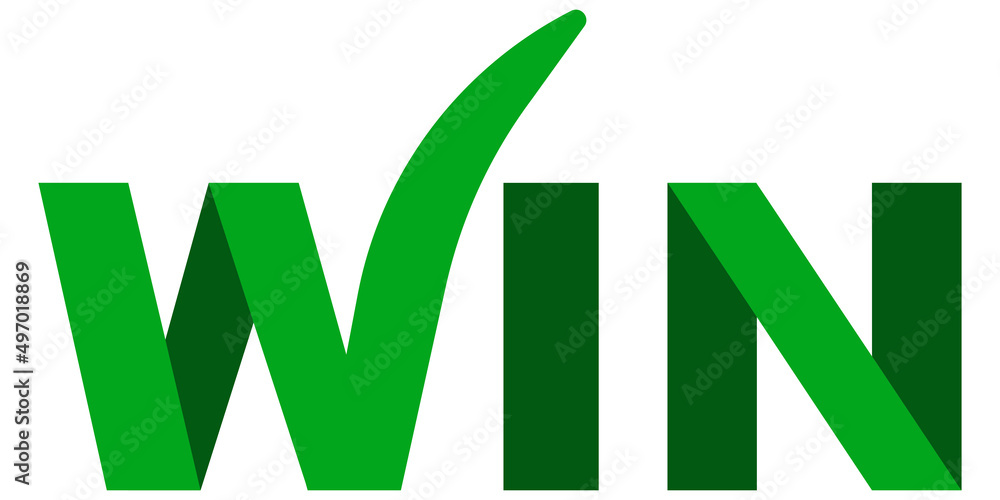 Green logo win icon folded ribbon with approval tick check mark win ...