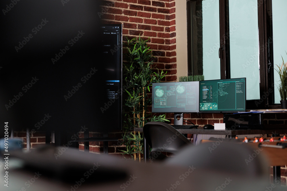 Interior of server room with modern brick wall interior and high ...