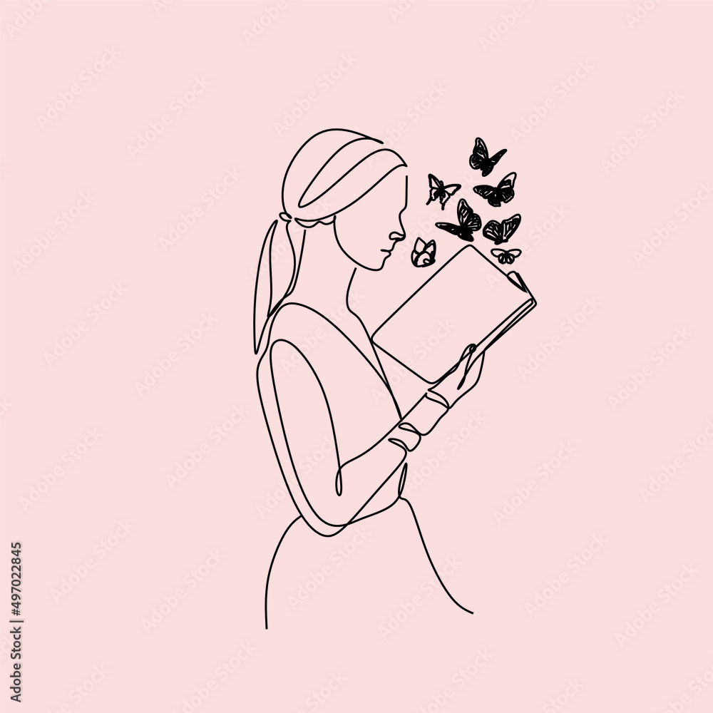 Reading Line art Minimalist Vector Illustration/ Woman with a book ...