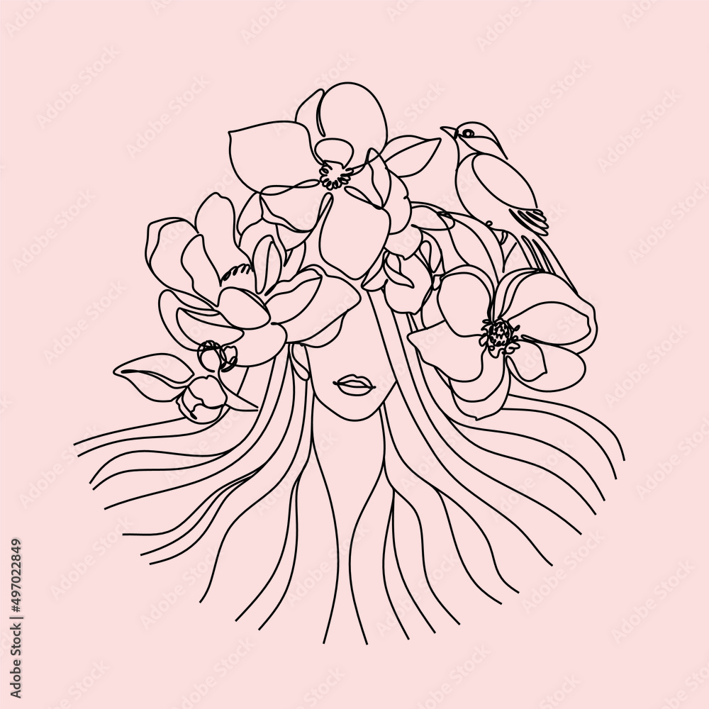 Код элемента: 2003141471 Abstract woman line art face with long hair ...