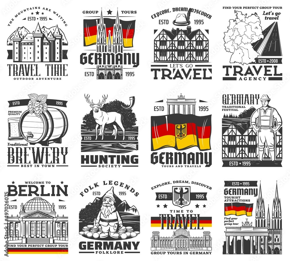 Germany icons, travel, culture vector symbols and landmarks. Castle ...
