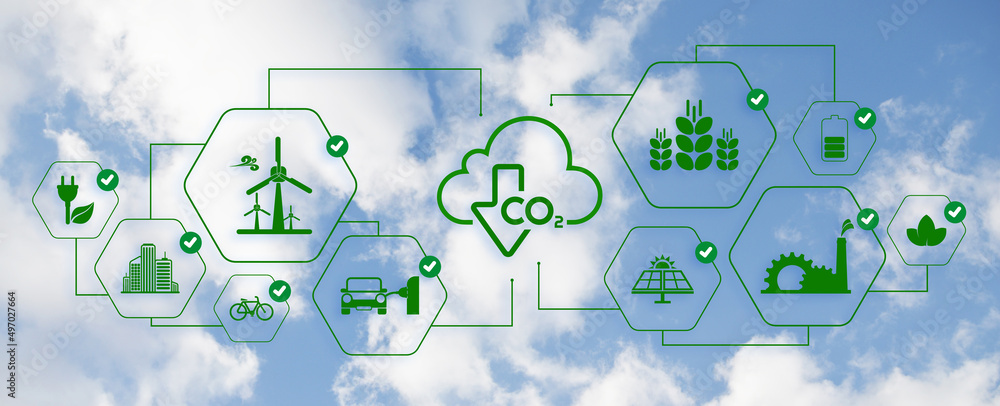 reducing CO2 emissions to stop climate change. green energy background ...