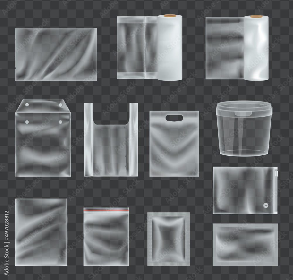 Set of realistic transparent plastic packaging film, packaging for food ...
