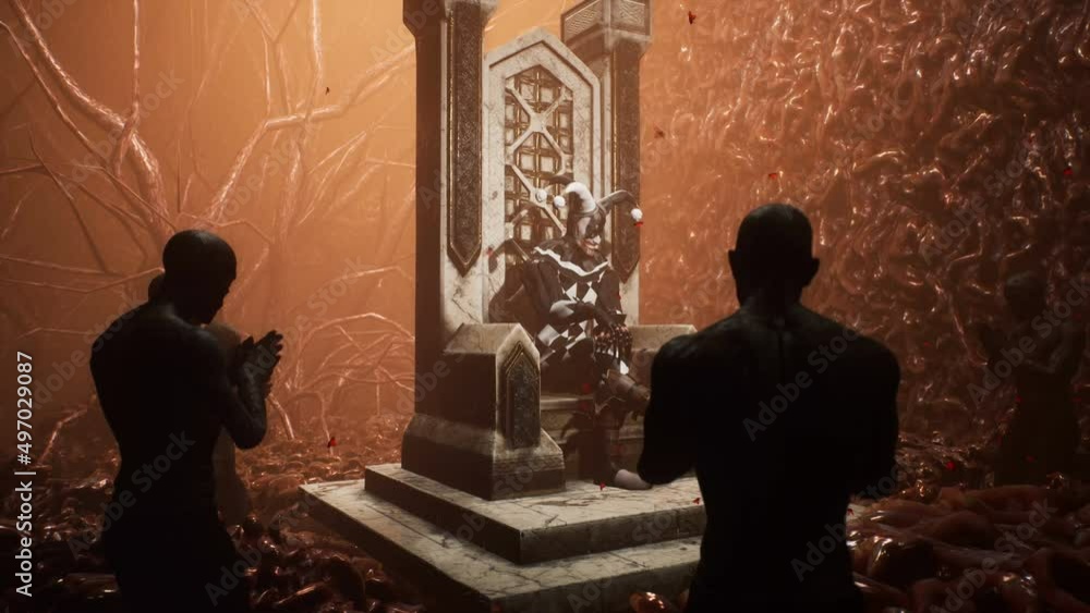 A bloody clown sits on a royal throne in his nightmarish catacombs ...