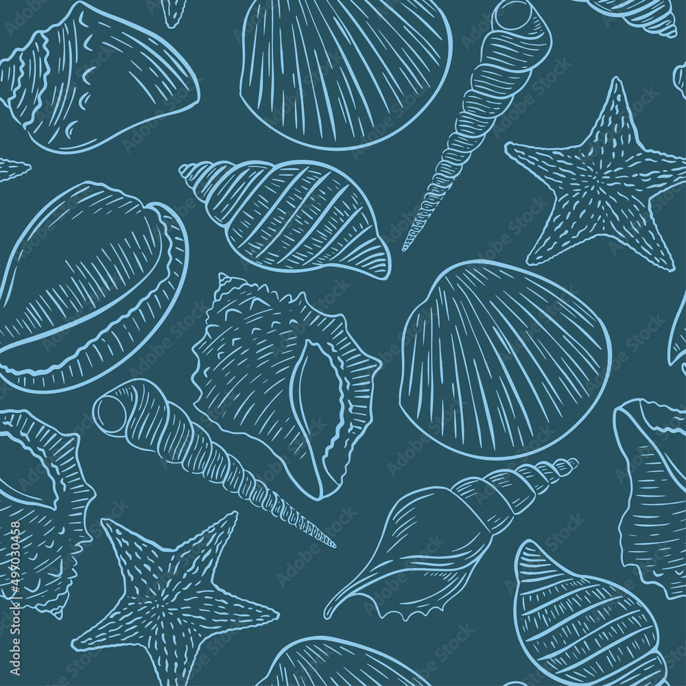 Seashells seamless pattern. Blue background with sketch clams and sea ...