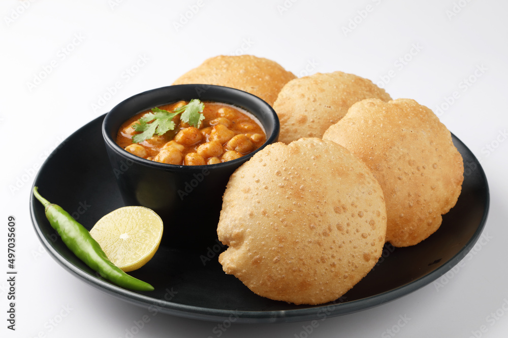 Puri and Chole traditional Indian food Indian dish spicy Chick Peas ...