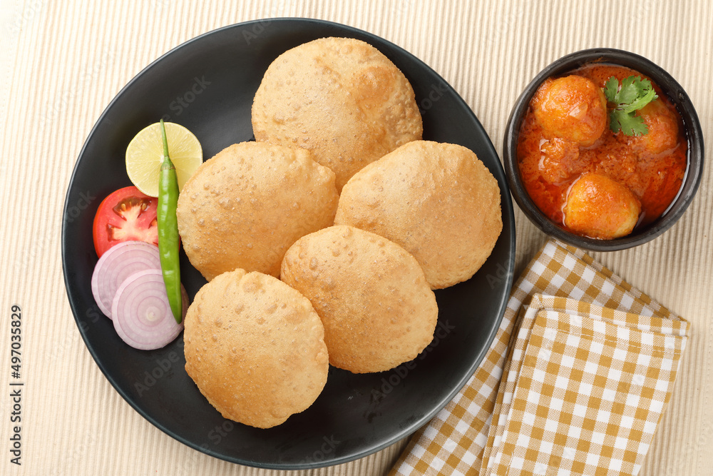 Puri and Chole traditional Indian food Indian dish spicy Chick Peas ...