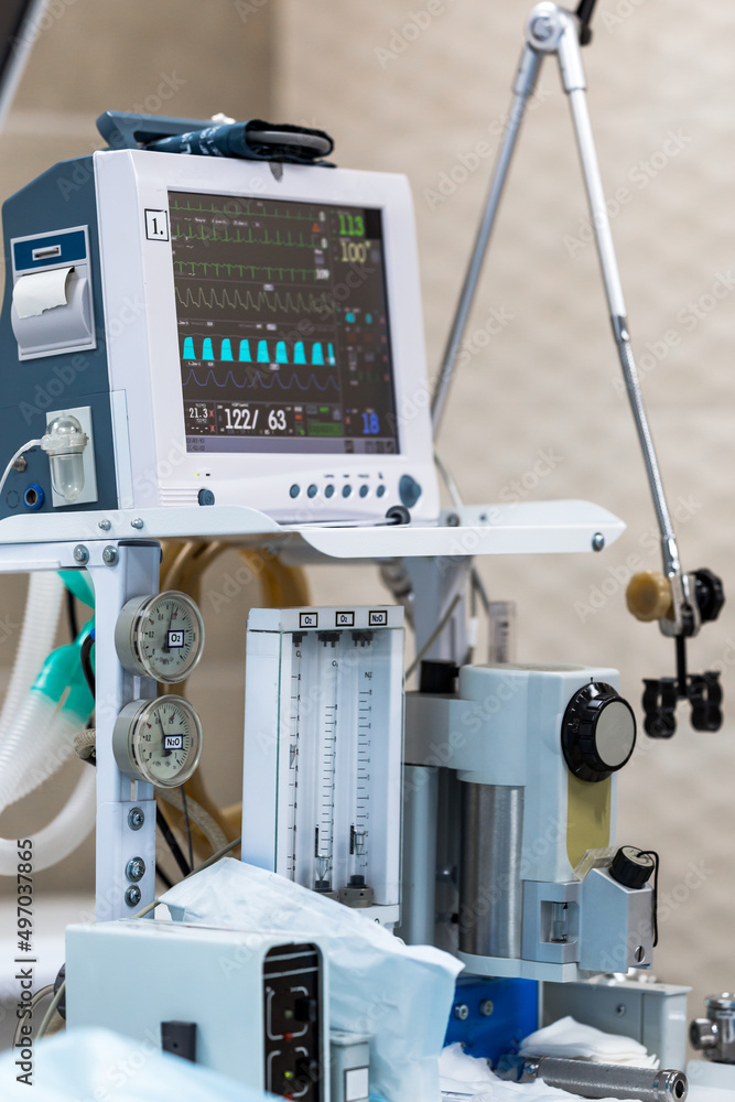 Medical equipment with human health vital signs screen. Heartbeat chart ...