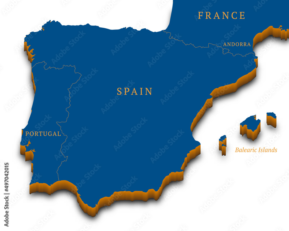 Iberian Peninsula 3D map. Detailed 3d map with dropped shadow. Blue ...