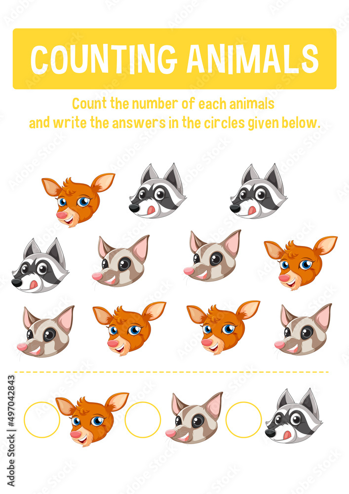 Worksheet design for counting animal Stock Vector | Adobe Stock