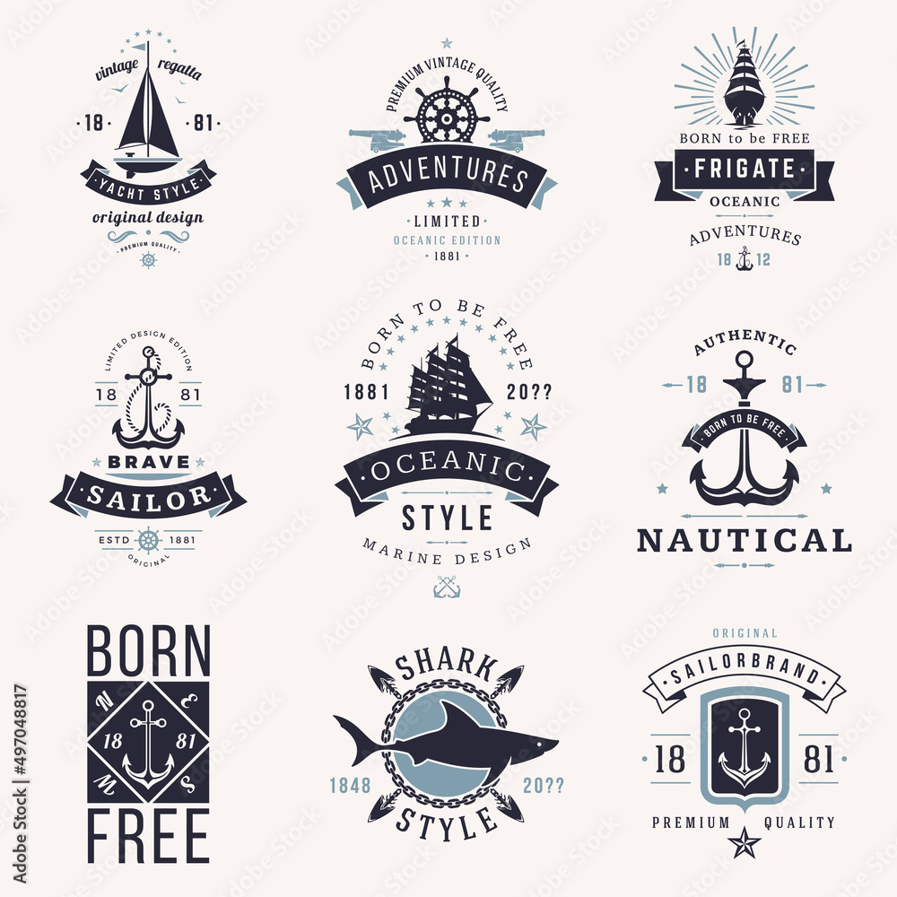 Set ocean adventure nautical vintage label design vector illustration ...