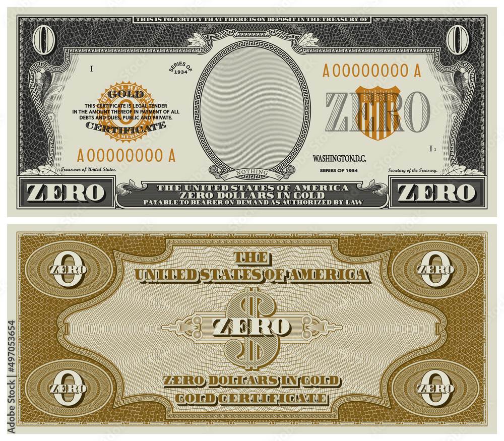 Fictional obverse and reverse of a gold certificate with a face value ...