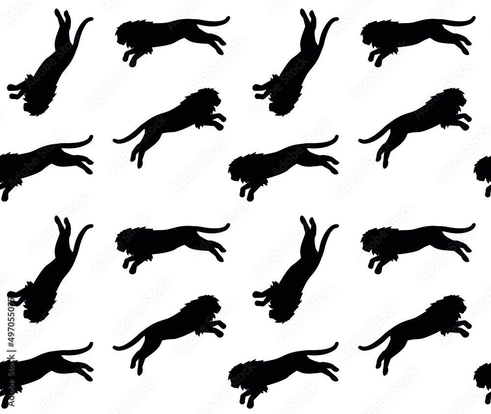Vector seamless pattern of flat jumping lion silhouette isolated on ...