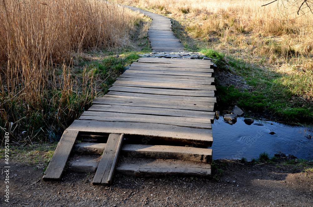 floating walkway made of wooden planks, pier, narrow curved paths on ...