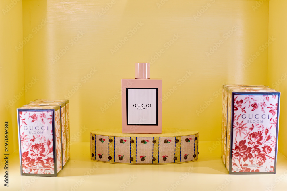 ROME, ITALY - CIRCA NOVEMBER, 2017: a bottle of Gucci fragrance sit on ...