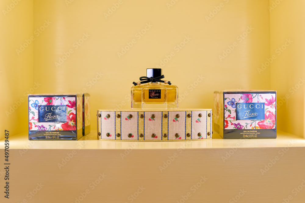 ROME, ITALY - CIRCA NOVEMBER, 2017: a bottle of Gucci fragrance sit on ...