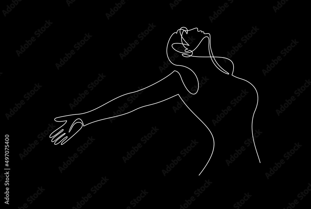 Continuous line art or One Line Drawing of a woman stretching arms is ...