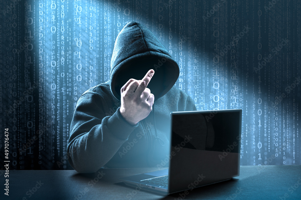 faceless hooded hacker showing middle finger gesture meaning of fuck ...