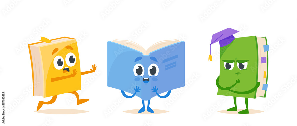 Cartoon Funny Books Characters Running, Surprised Emotion, Thinking ...
