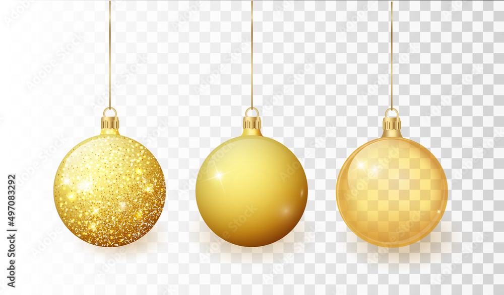 Gold Christmas tree toy set isolated on a transparent background ...