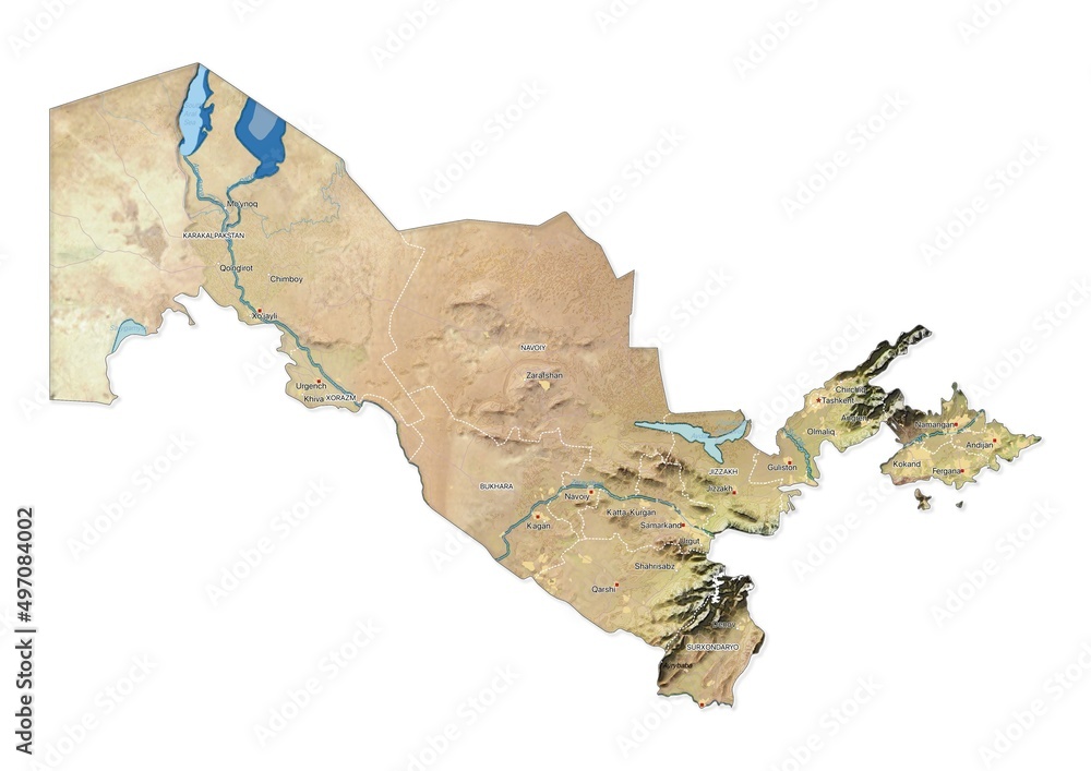 Isolated map of Uzbekistan with capital, national borders, important ...
