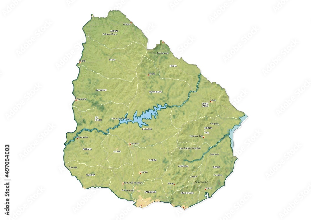 Isolated map of Uruguay with capital, national borders, important ...