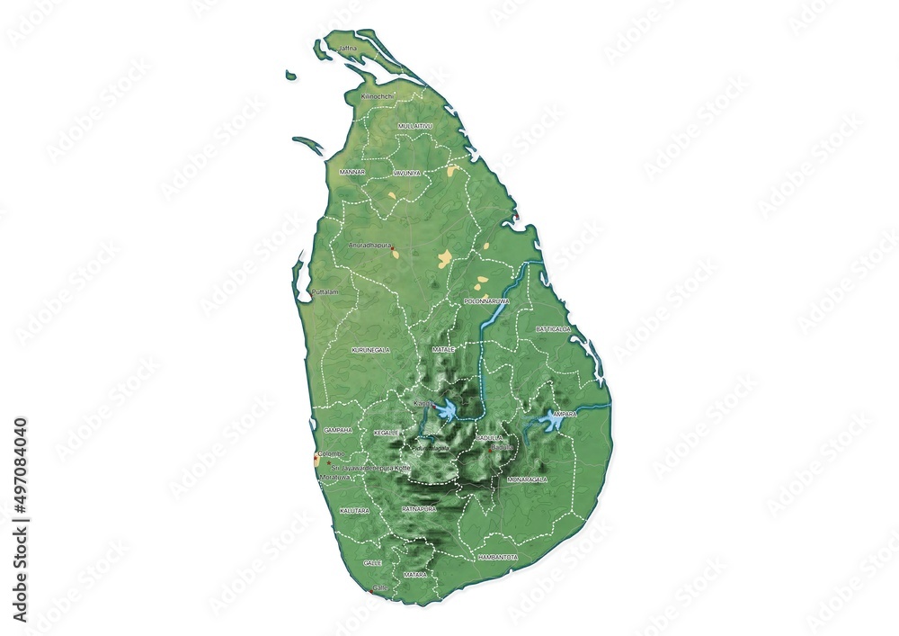 Isolated map of Sri Lanka with capital, national borders, important ...
