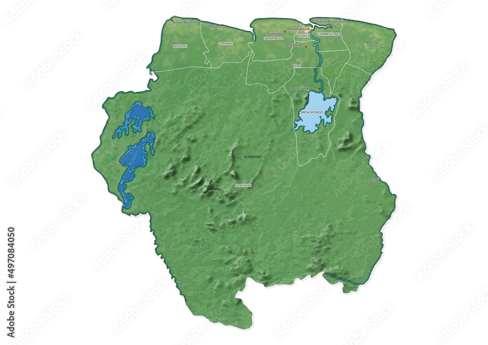Isolated map of Suriname with capital, national borders, important ...