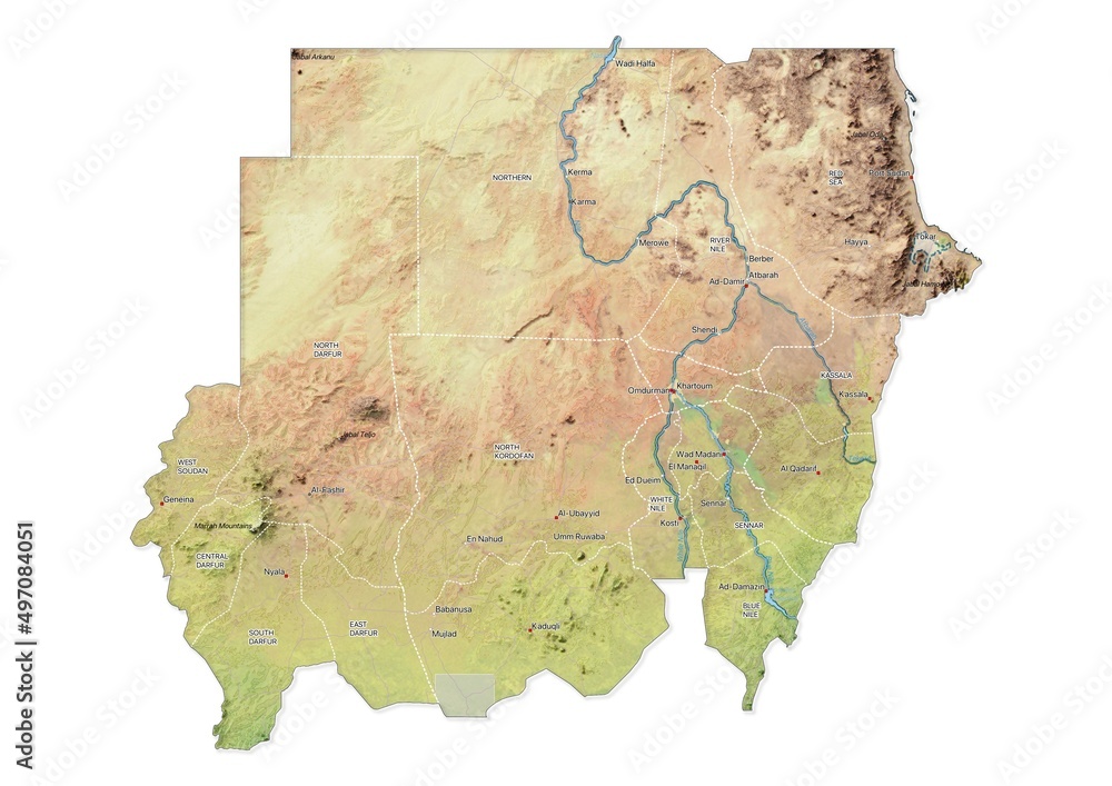 Isolated map of Sudan with capital, national borders, important cities ...