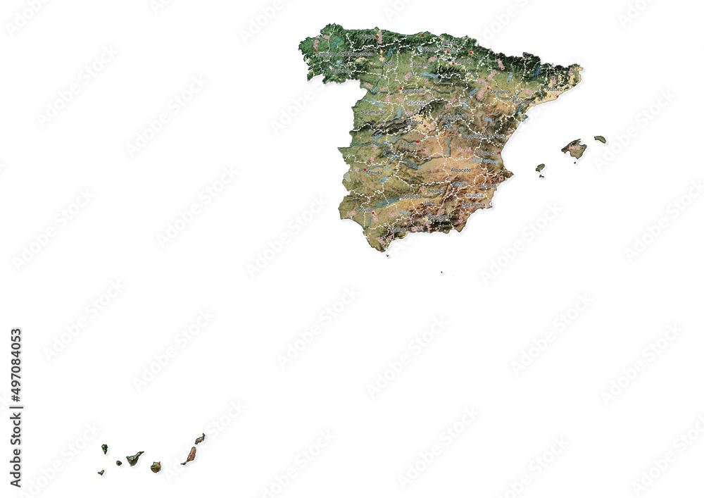 Isolated map of Spain with capital, national borders, important cities ...