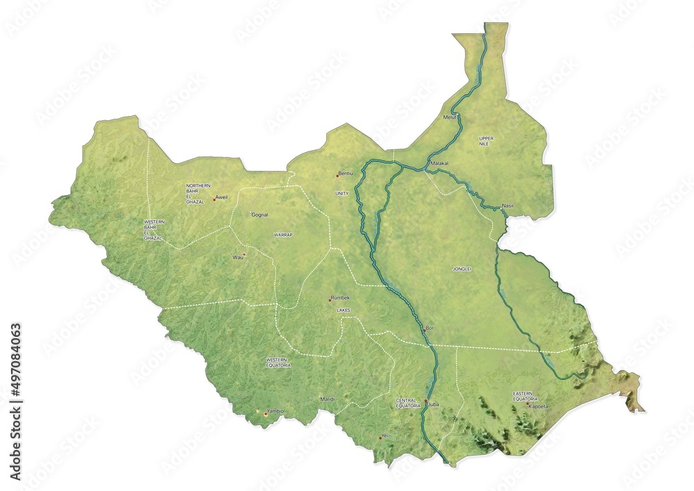 Isolated map of South Sudan with capital, national borders, important ...