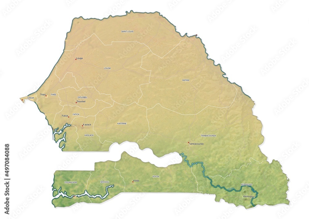 Isolated map of Senegal with capital, national borders, important ...