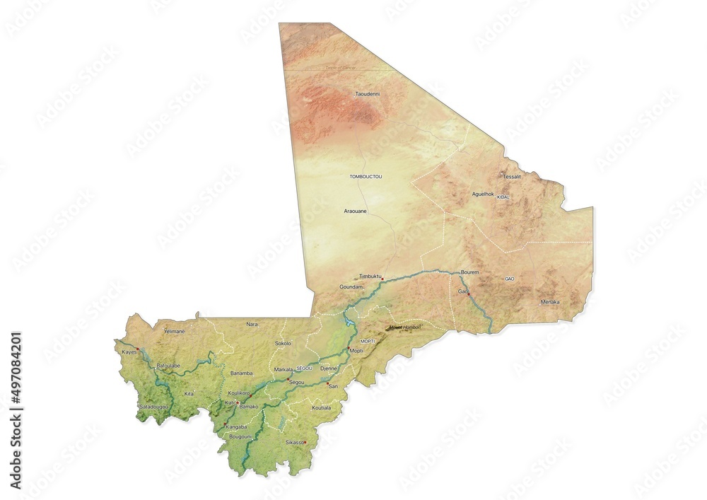 Isolated map of Mali with capital, national borders, important cities ...