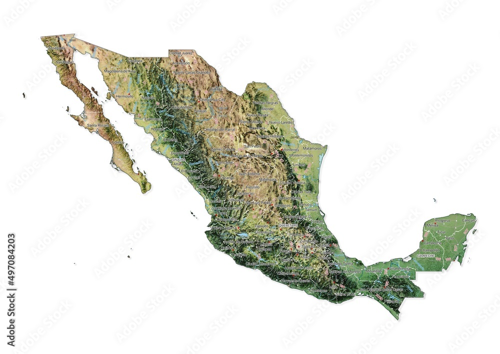 Isolated map of Mexico with capital, national borders, important cities ...