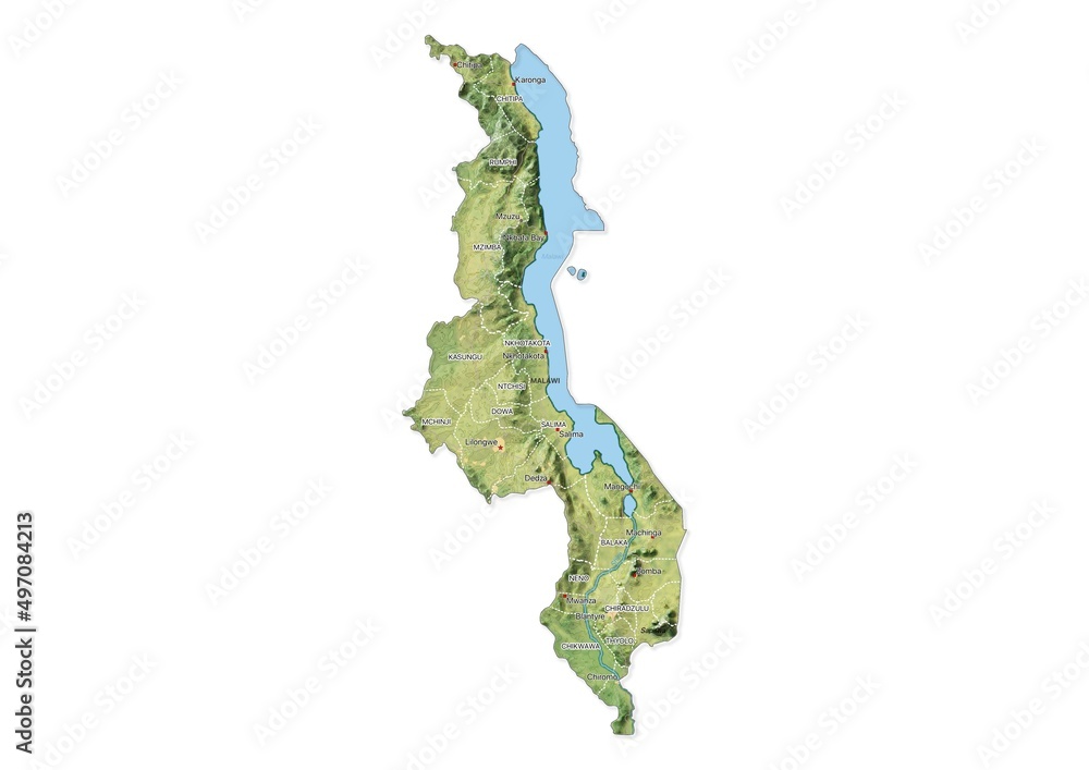 Isolated map of Malawi with capital, national borders, important cities ...
