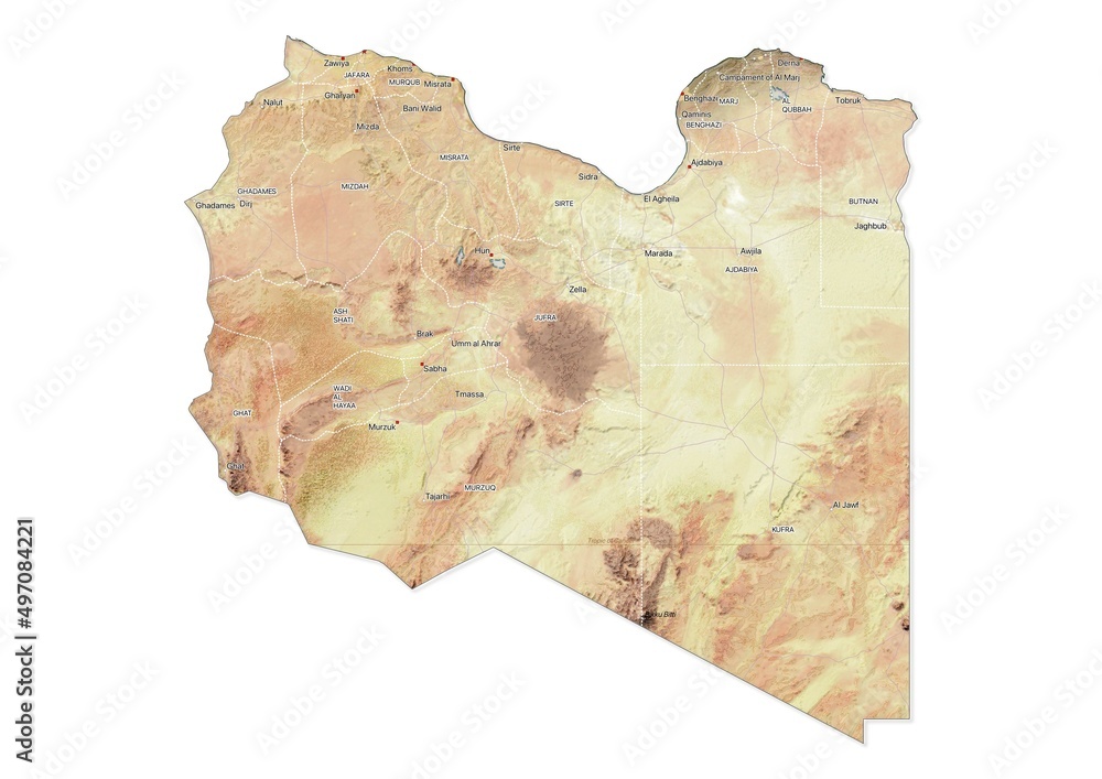 Isolated map of Libya with capital, national borders, important cities ...
