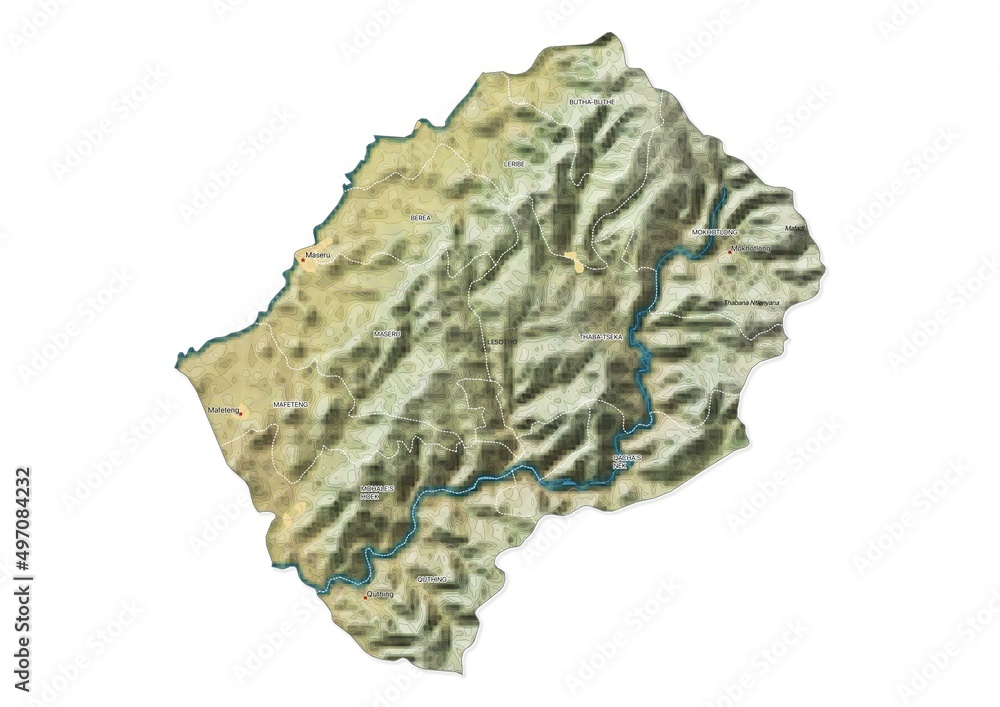 Isolated map of Lesotho with capital, national borders, important ...
