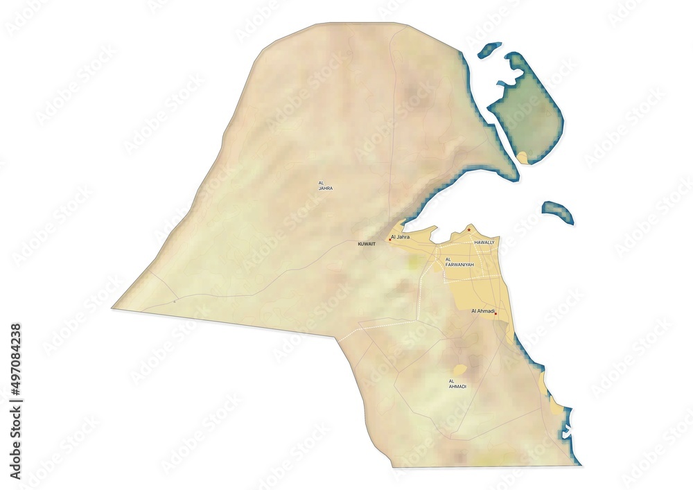 Isolated map of Kuwait with capital, national borders, important cities ...